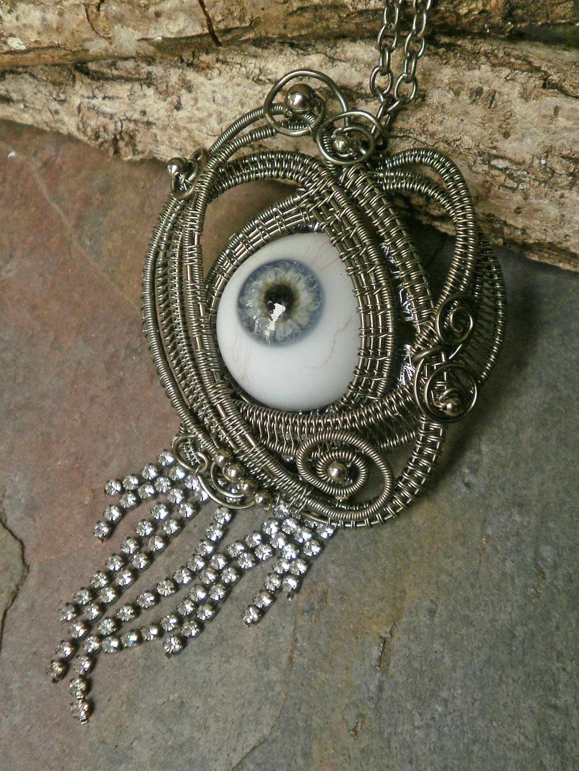Gothic Steampunk Blue Prosthetic Eye Pendant with Rhinestones