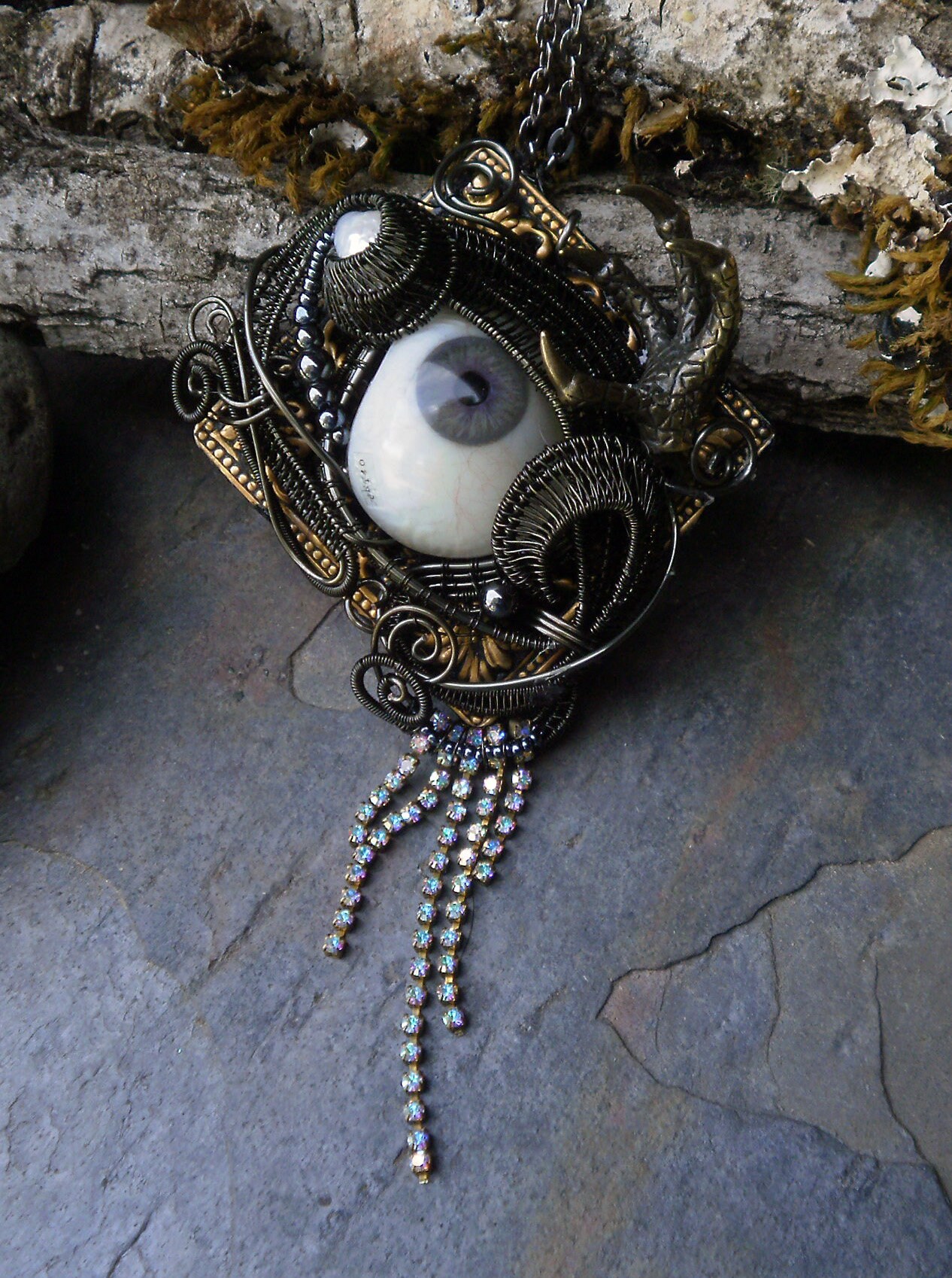 Gothic Steampunk Antique Prosthetic Grey Eye Pendant with Rhinestone ...