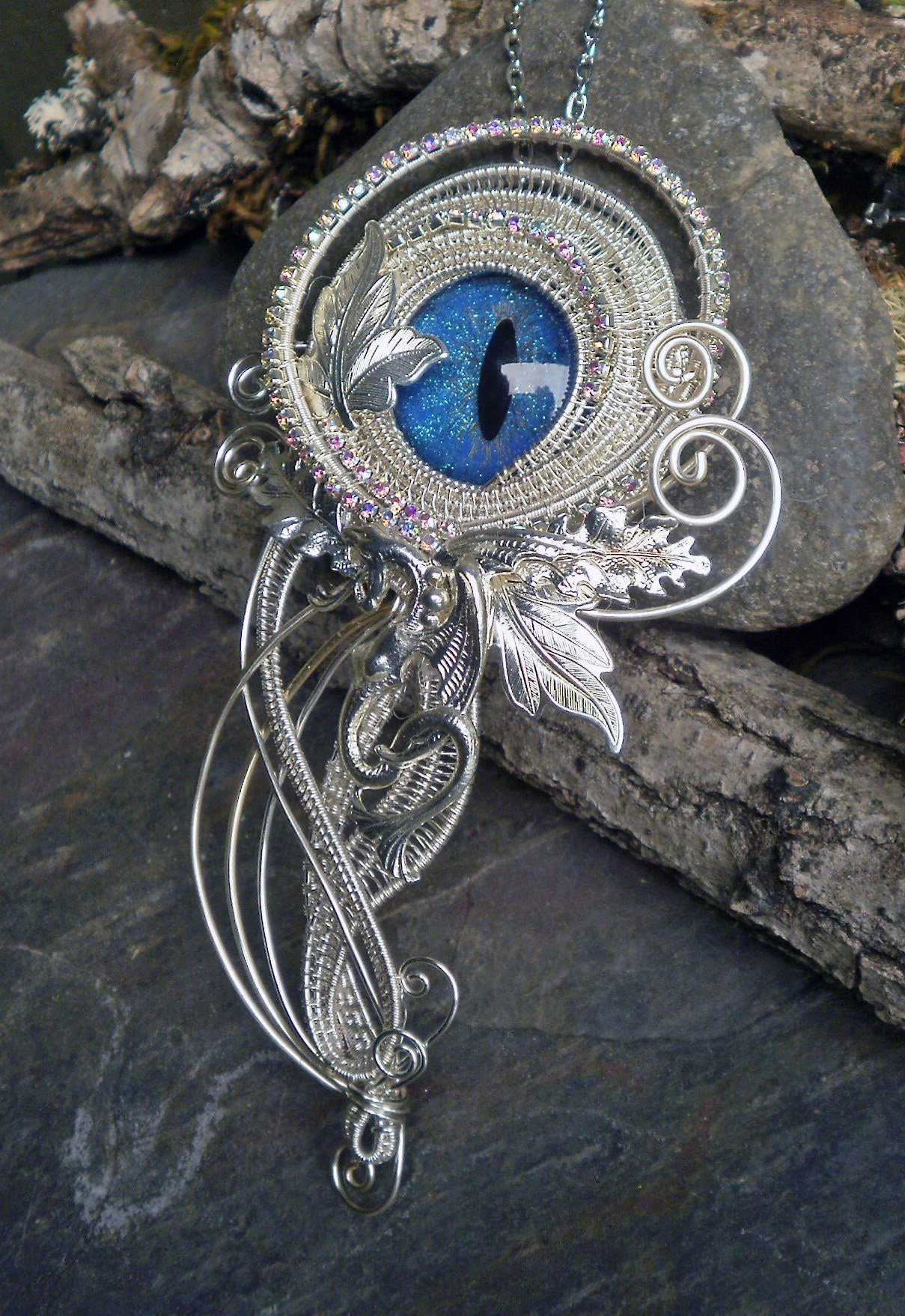 Gothic Steampunk Blue Eye Pin Pendant with Silver Dragon