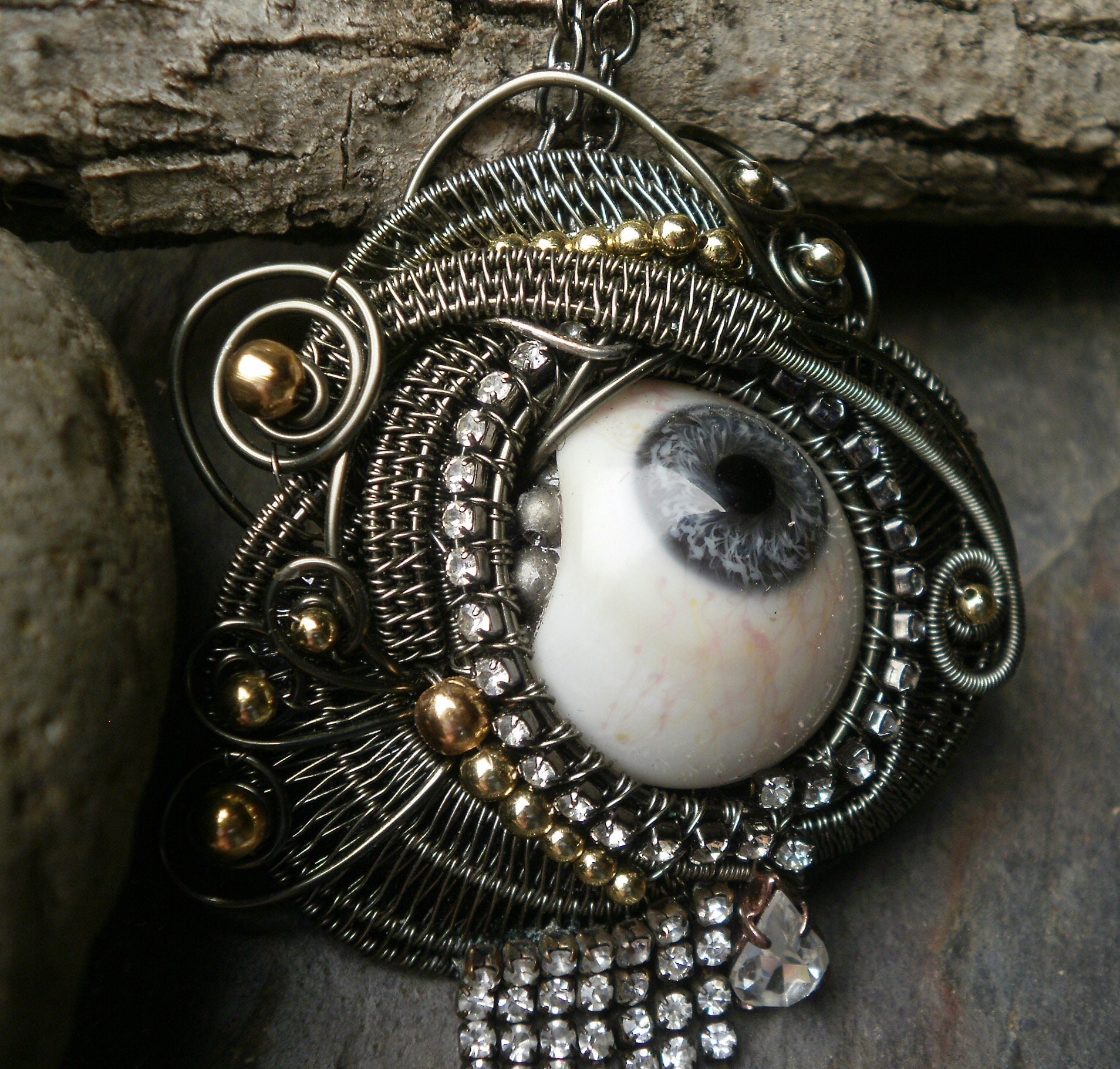 Gothic Steampunk Antique Prosthetic Blue Eye Pendant with Rhinestone Fringe