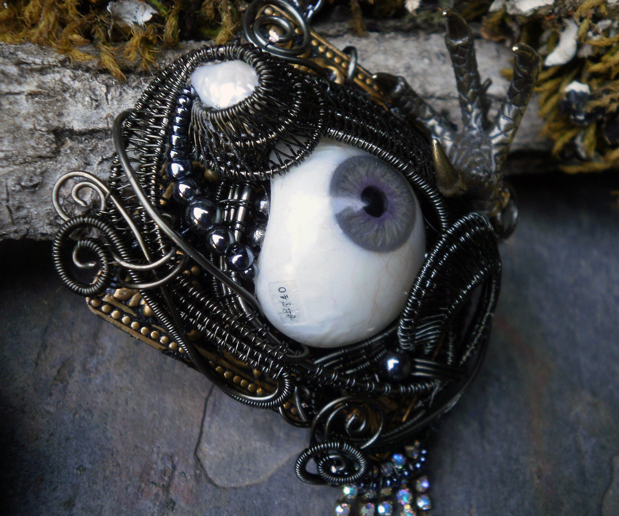 Gothic Steampunk Antique Prosthetic Grey Eye Pendant with Rhinestone ...