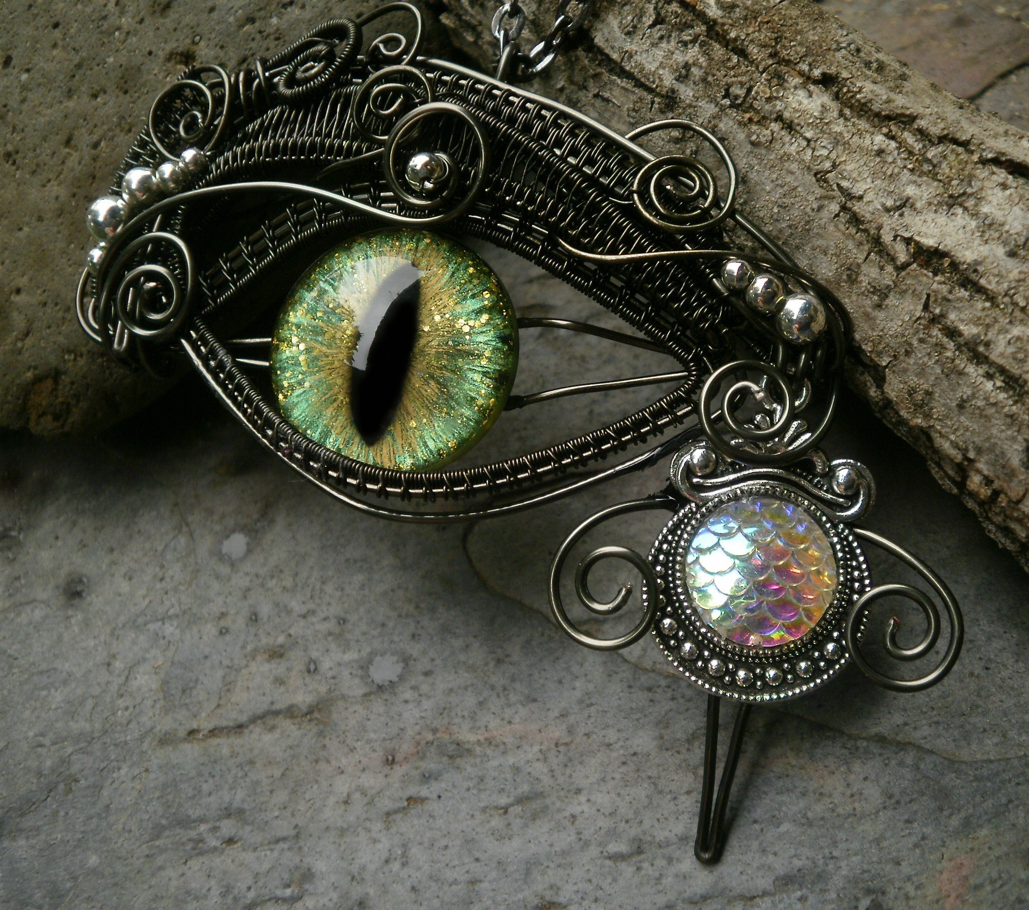 Gothic Steampunk Green Evil Eye with Dragon Scale Tear Large Pendant