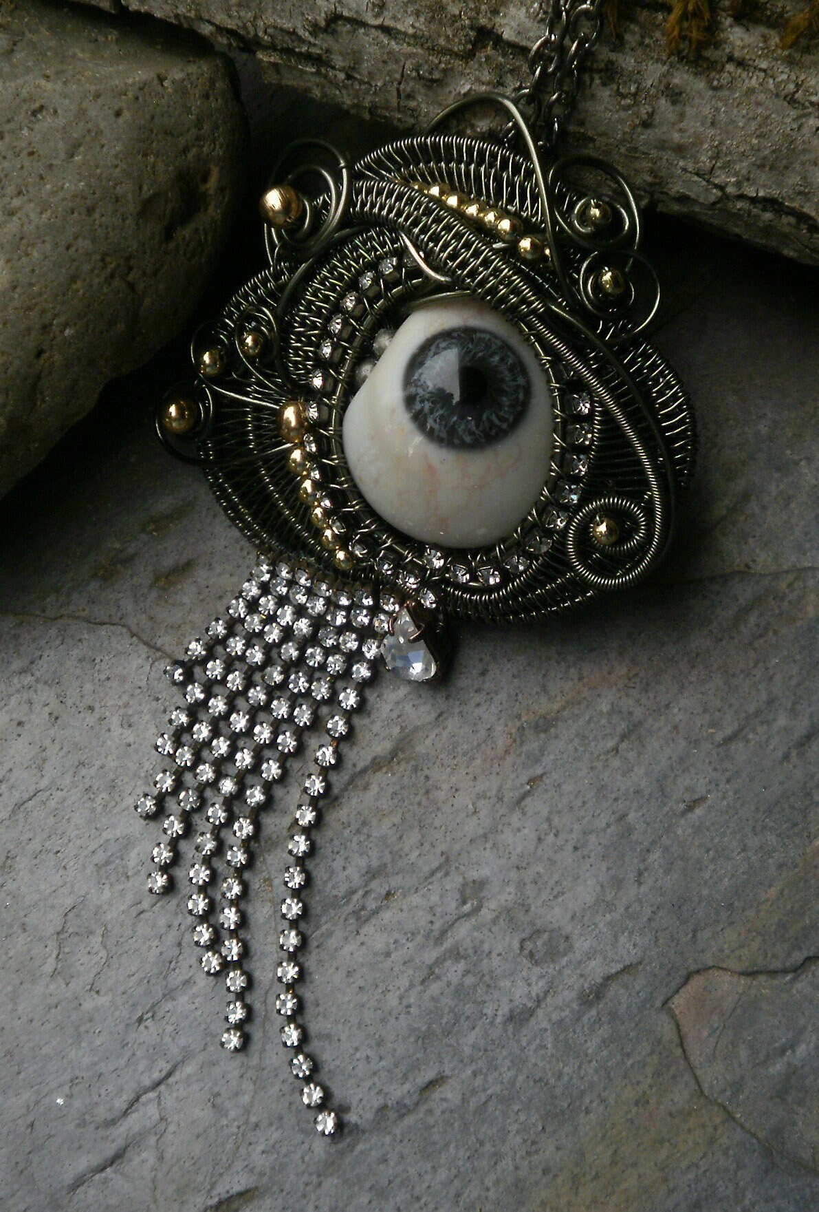 Gothic Steampunk Antique Prosthetic Blue Eye Pendant with Rhinestone Fringe