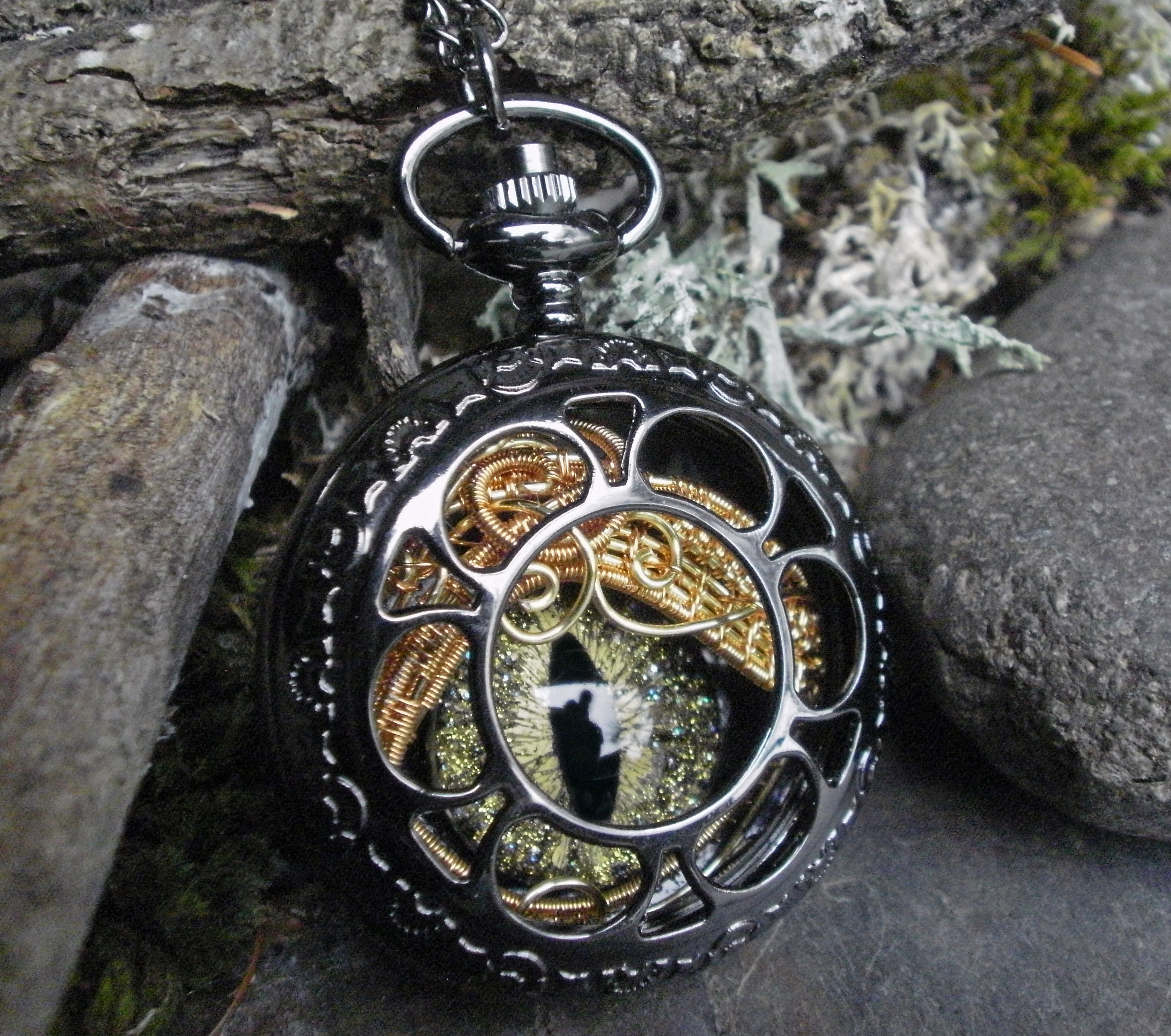 Gothic Steampunk gold Black Evil Eye Dark Pocket Watch