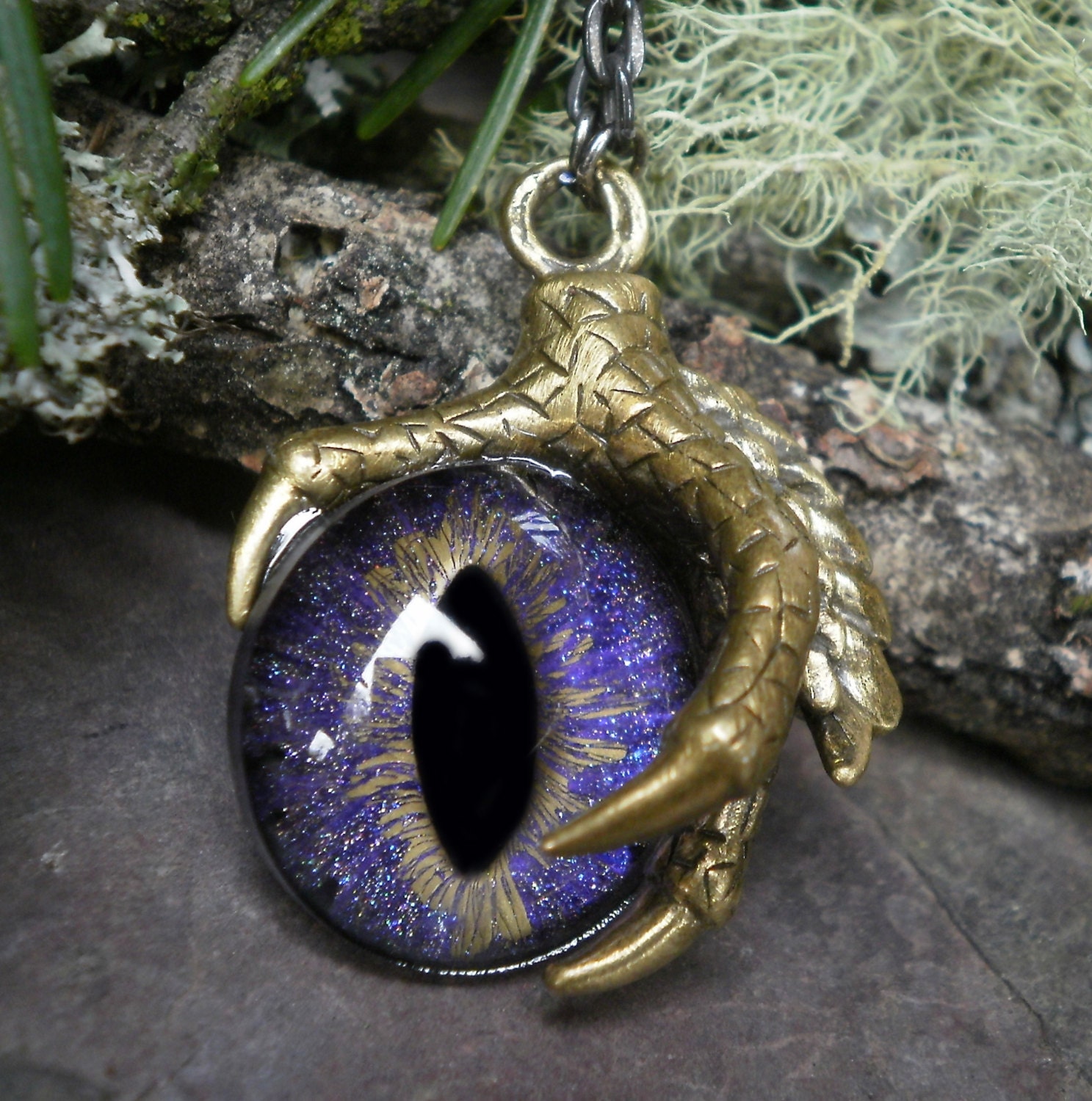 Gothic Steampunk Single Claw Pendant with Purple Galaxy Eye