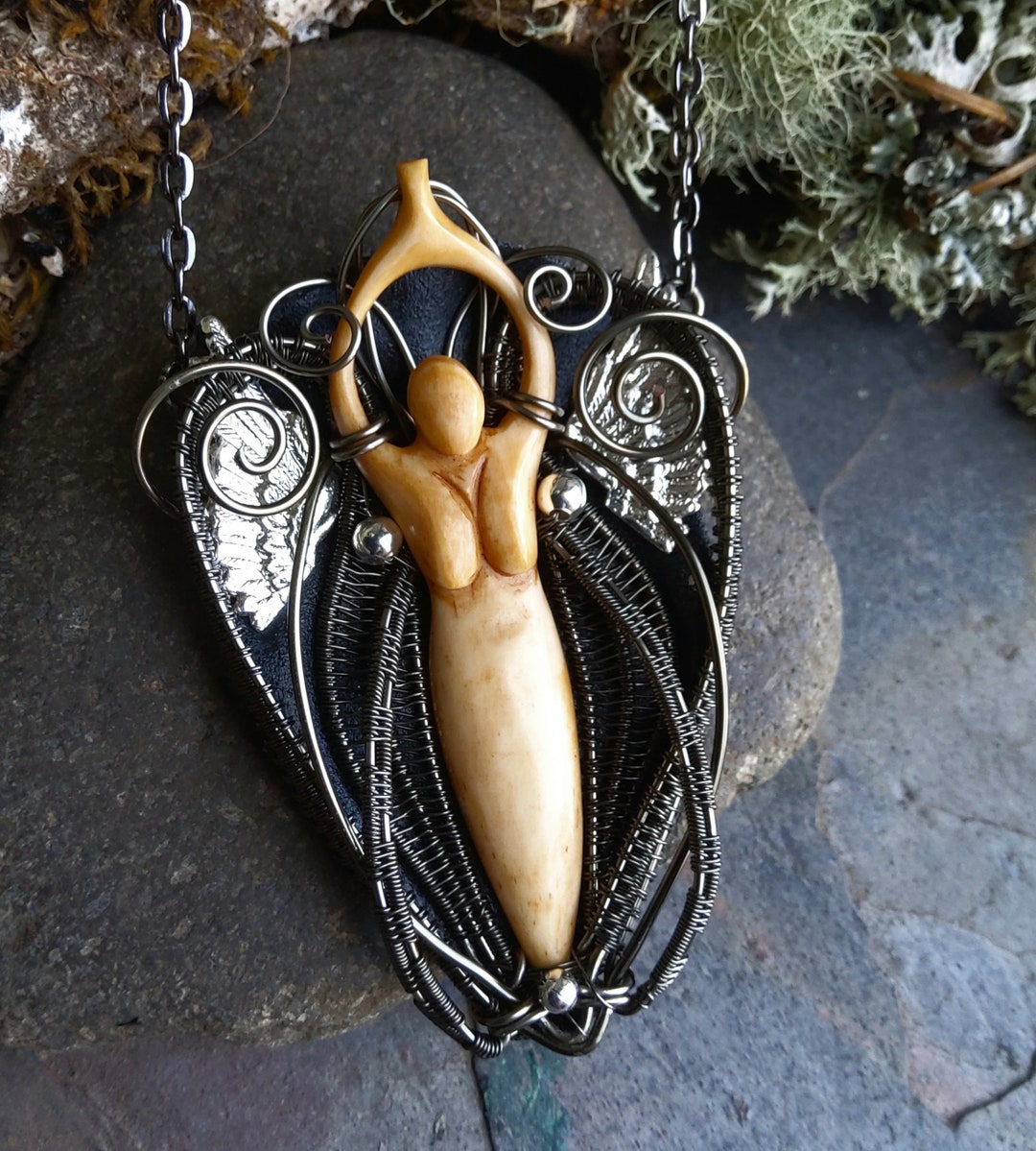 Carved Bone Goddess Pendant With Silver Wings. - Etsy