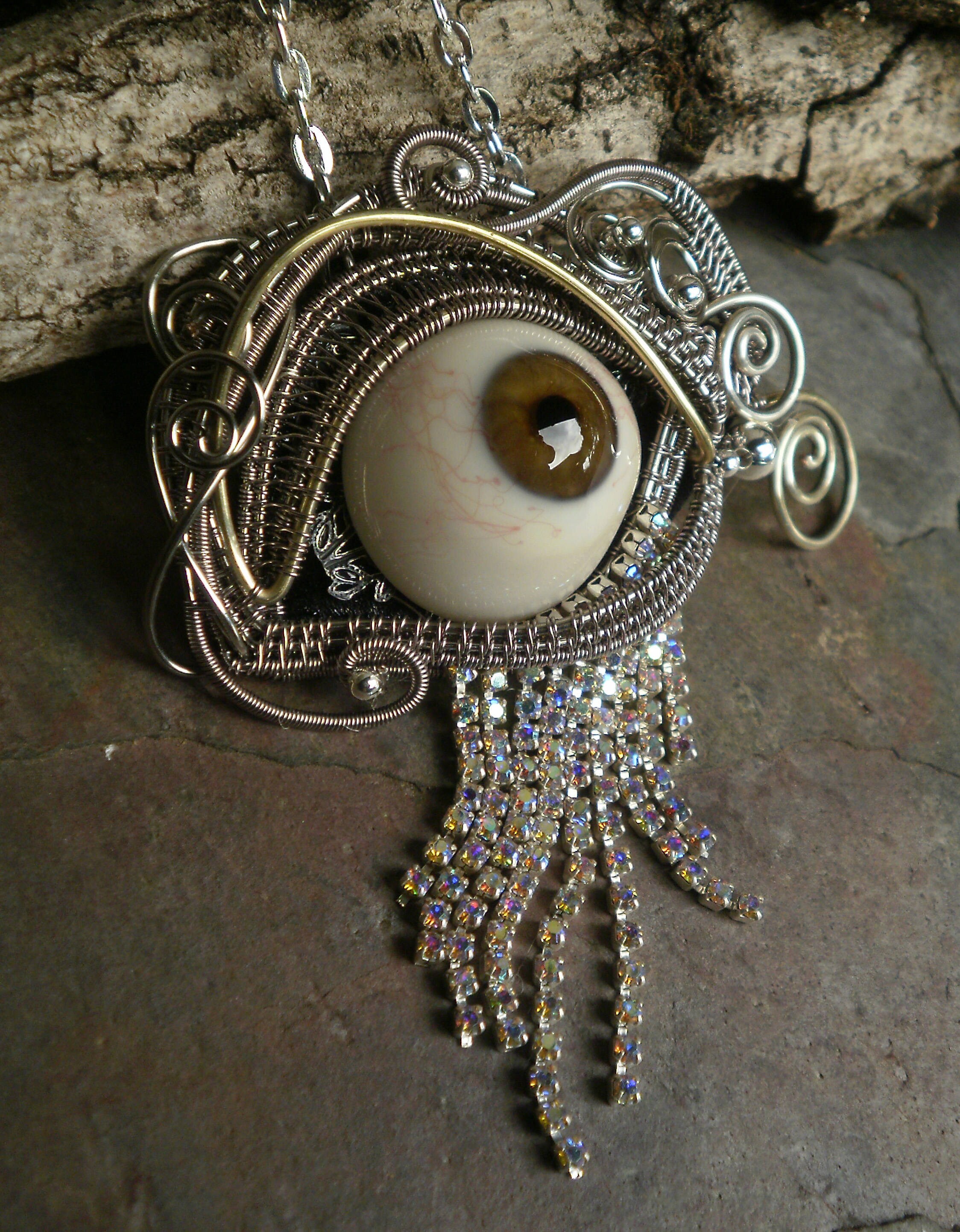 Gothic Steampunk Hazel Brown Prosthetic Eye Pendant with Rhinestones