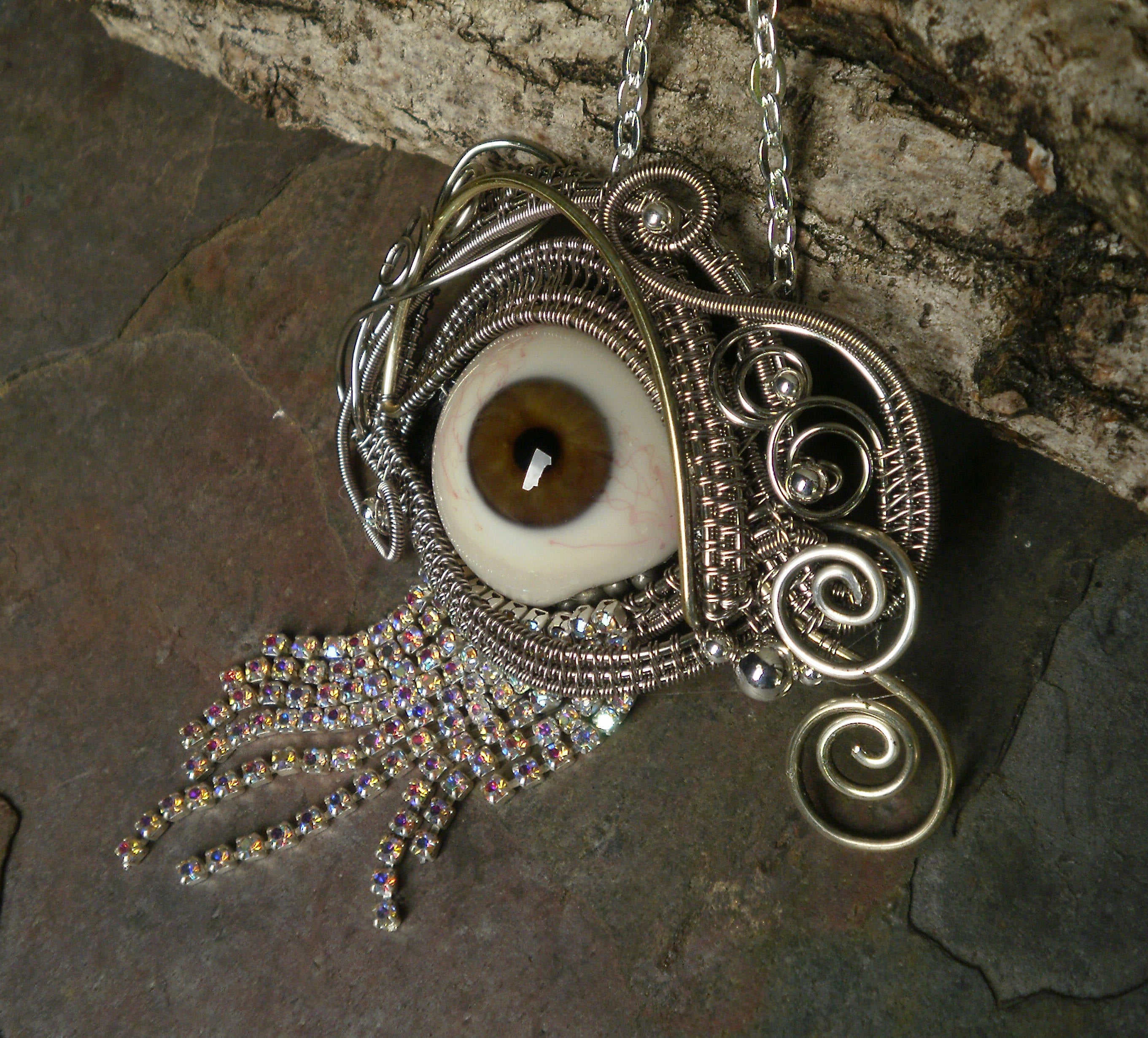Gothic Steampunk Hazel Brown Prosthetic Eye Pendant with Rhinestones