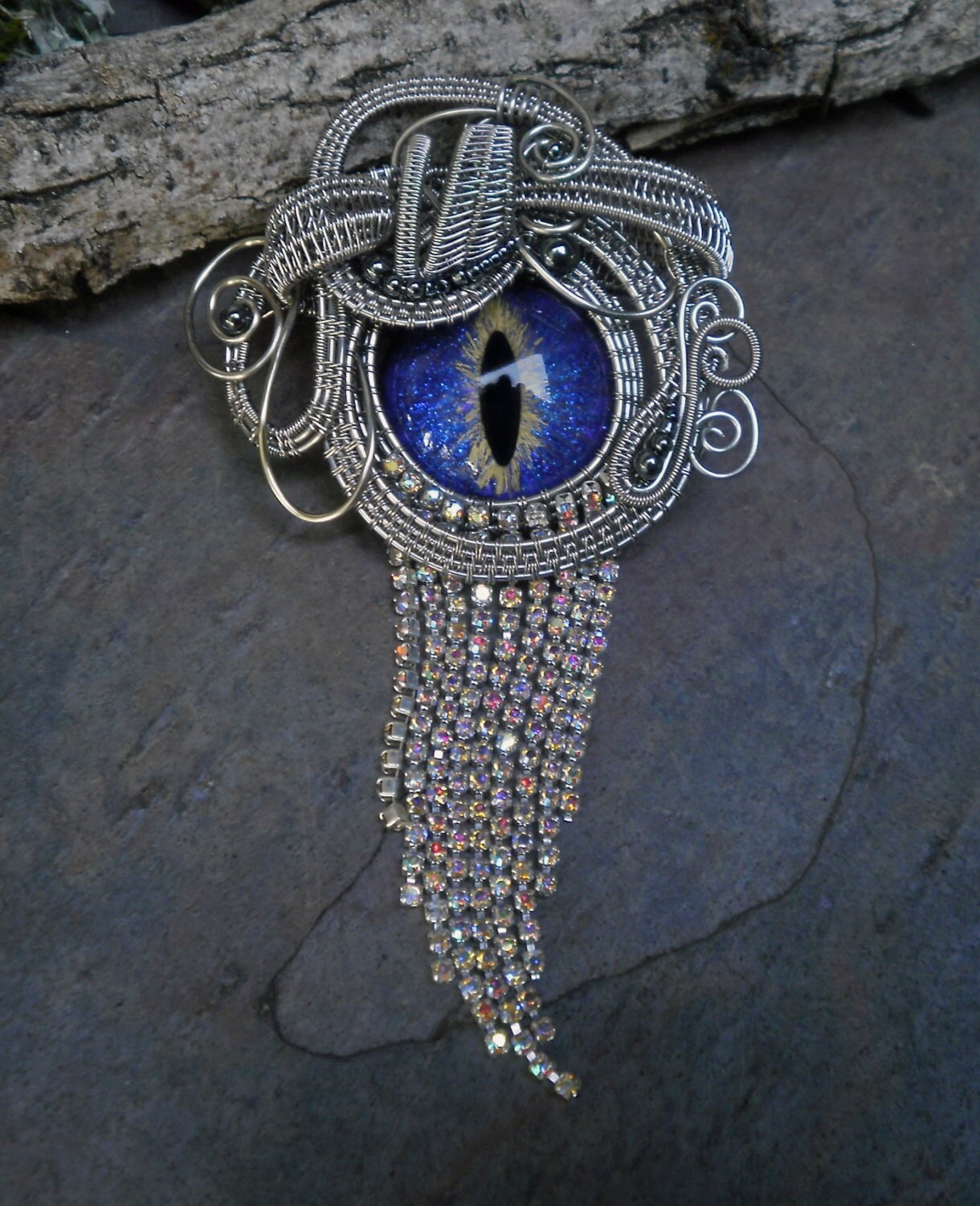 Gothic Steampunk Purple Blue Eye Pin Pendant with Rhinestones
