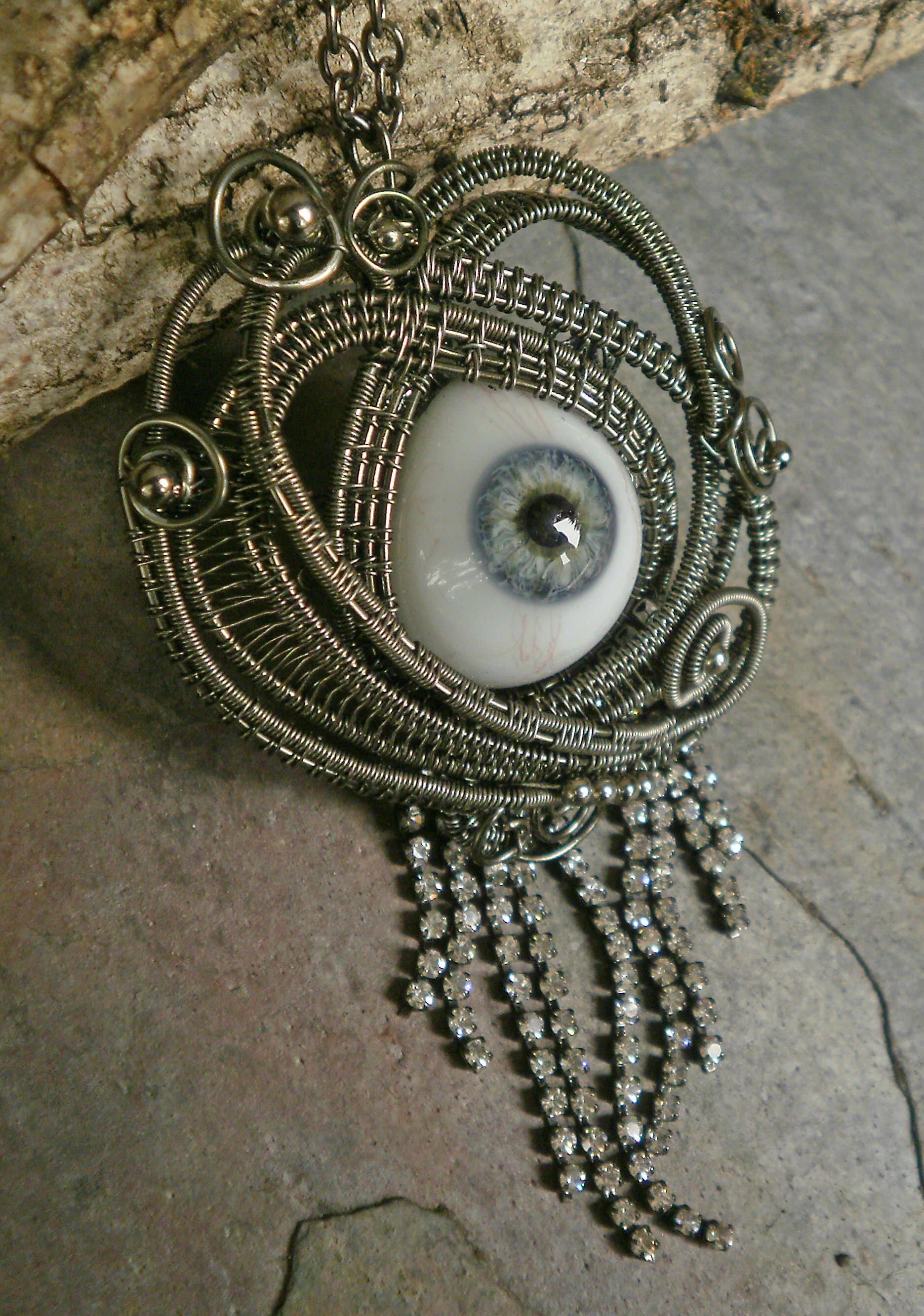 Gothic Steampunk Blue Prosthetic Eye Pendant with Rhinestones