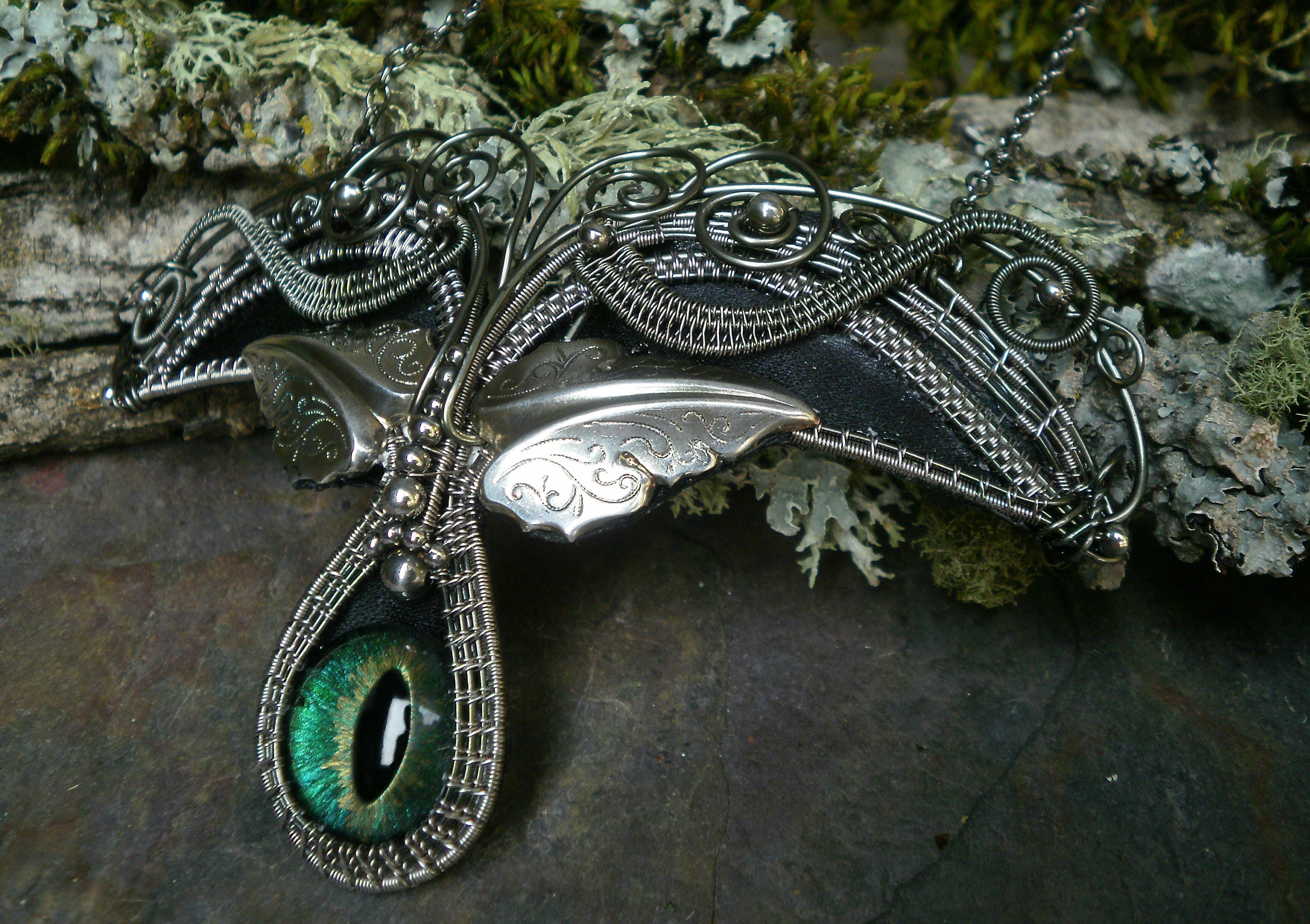 Gothic Steampunk Devil Wings and a Blue Green Eye Necklace