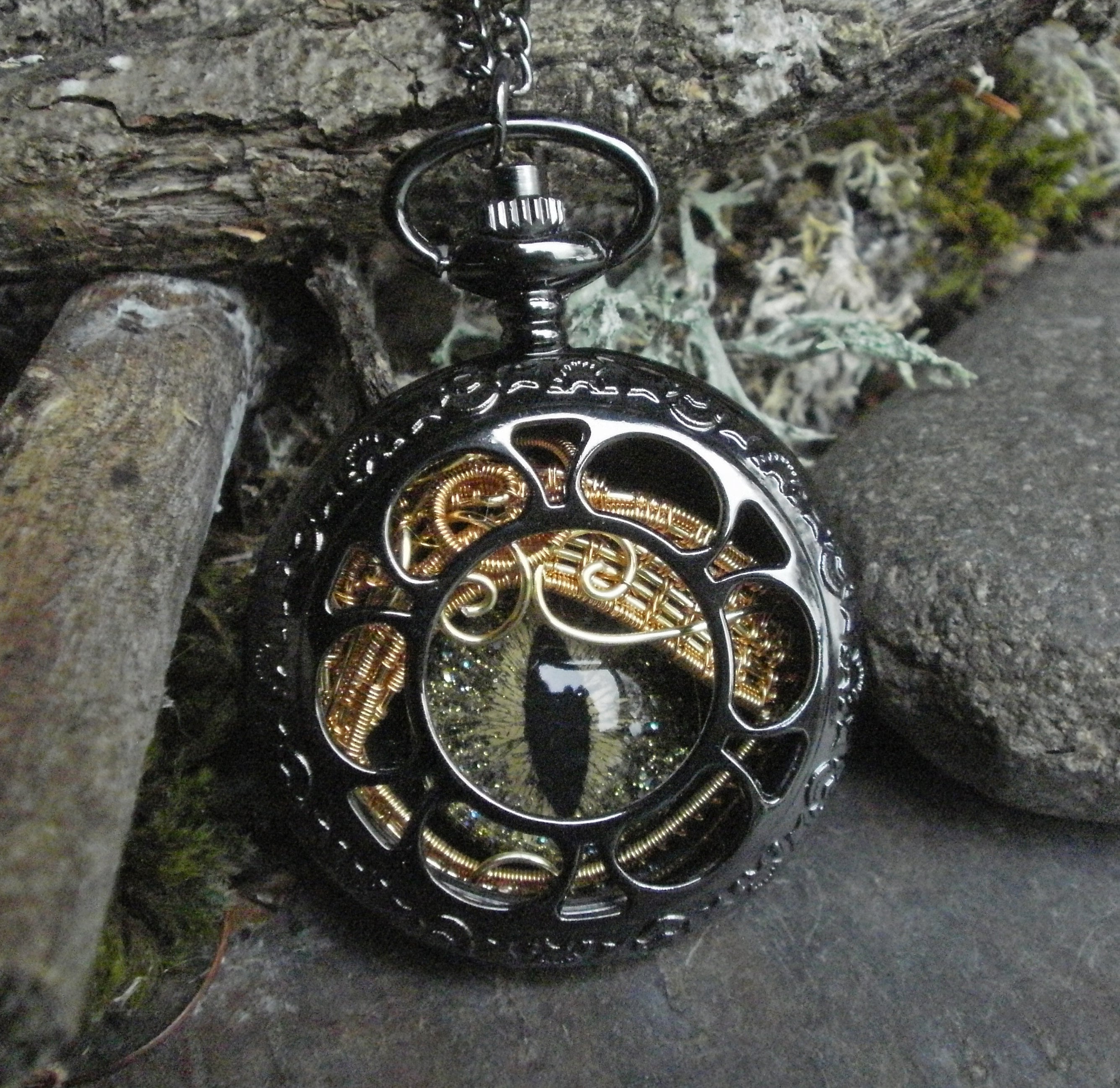 Gothic Steampunk gold Black Evil Eye Dark Pocket Watch