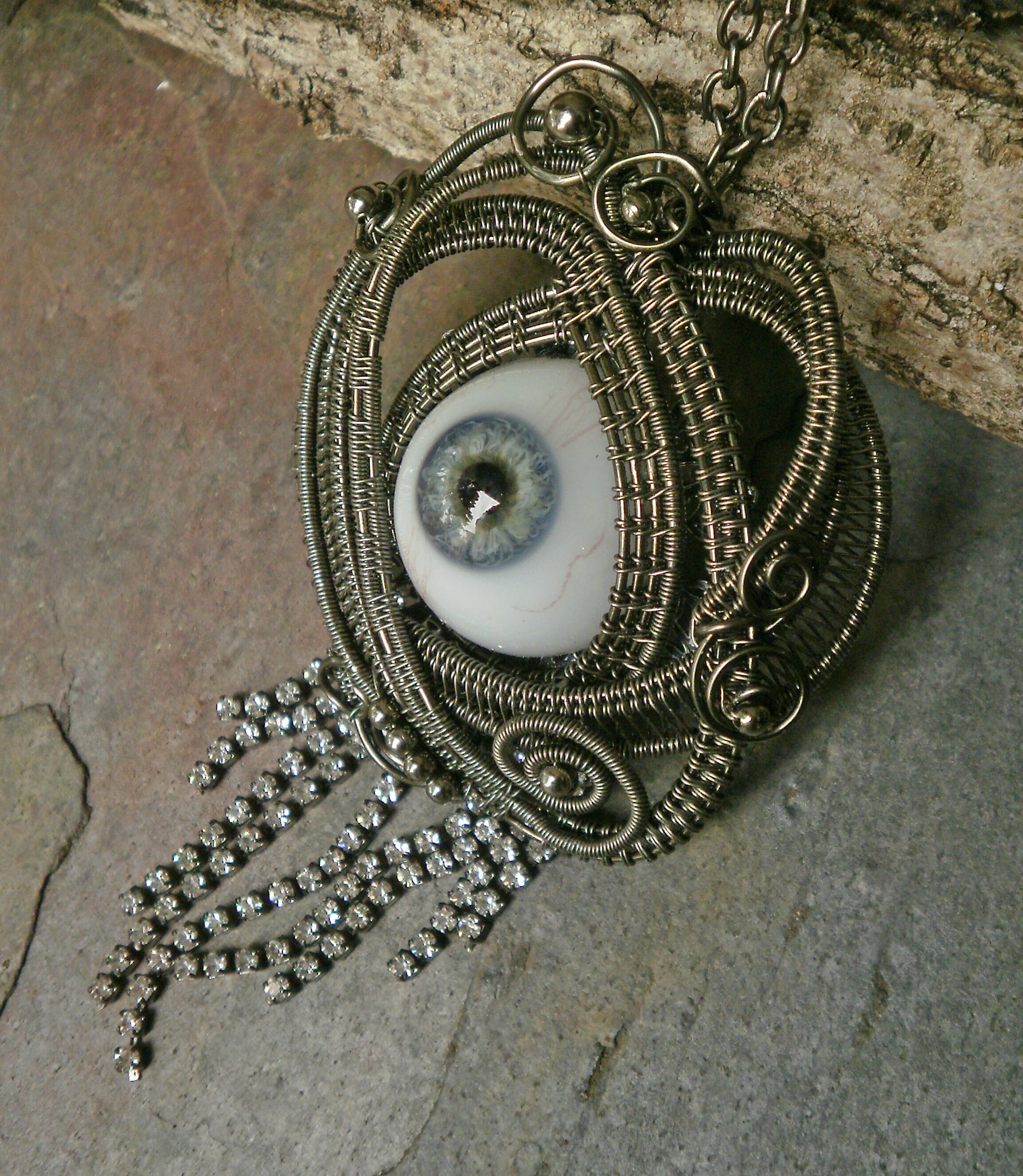 Gothic Steampunk Blue Prosthetic Eye Pendant with Rhinestones