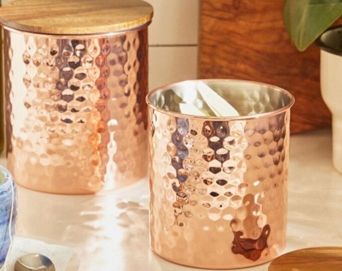 Uncommon James Hammered Copper Canister 2-two Piece Storage W Wooden ...