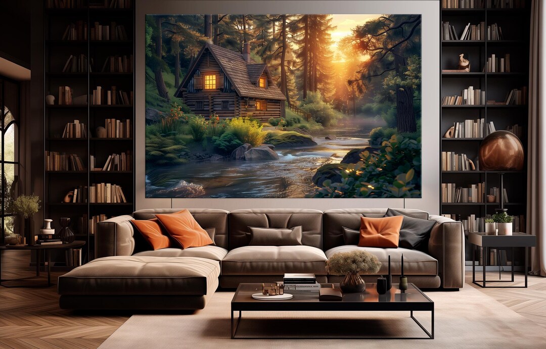 Rustic Cabin by the River Canvas Wall Art | Serene Woodland Decor - Etsy