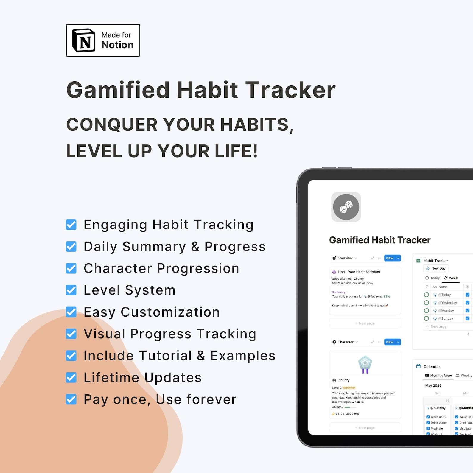 Notion Gamified Habit Tracker | Digital Productivity Planner | Self-improvement & Goal Tracker ...
