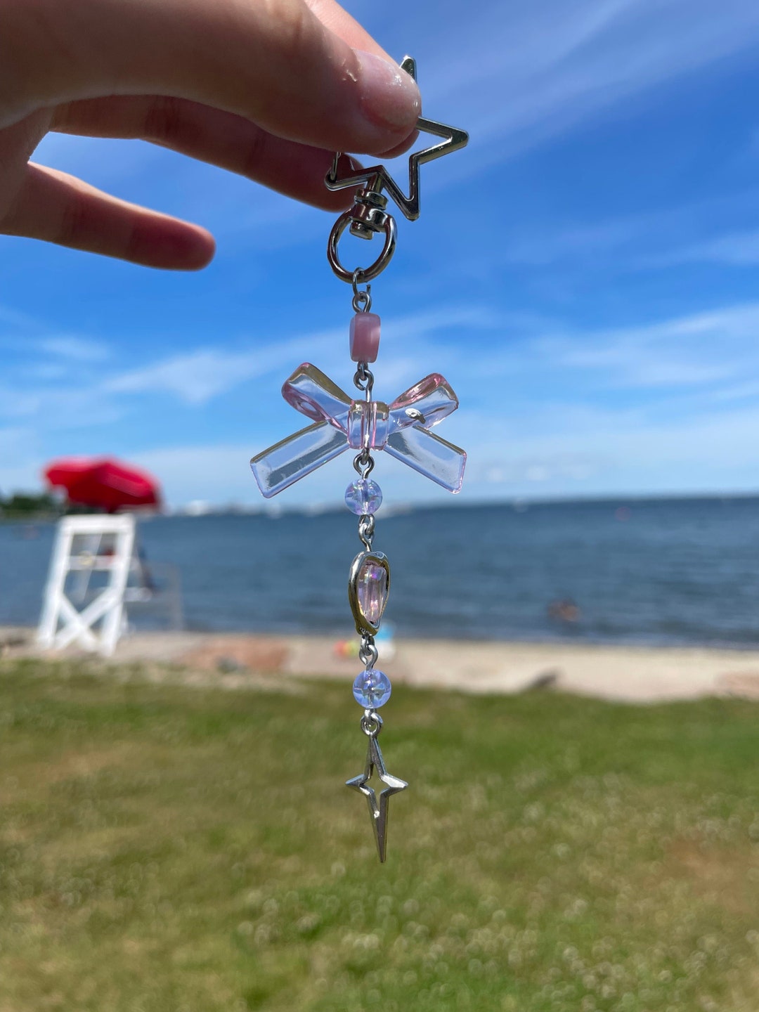 Aesthetic Pink Bow Star Drop Key Chain - Etsy