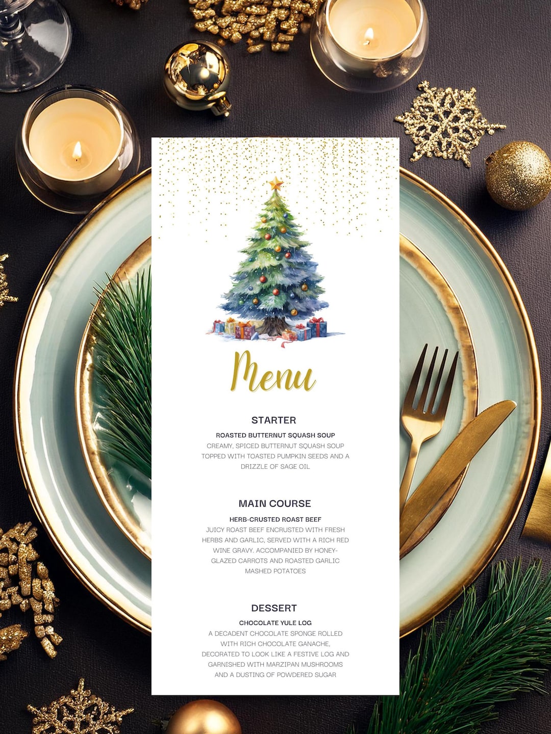 Editable Christmas Dinner Menu, Festive Holiday Dinner Printable ...