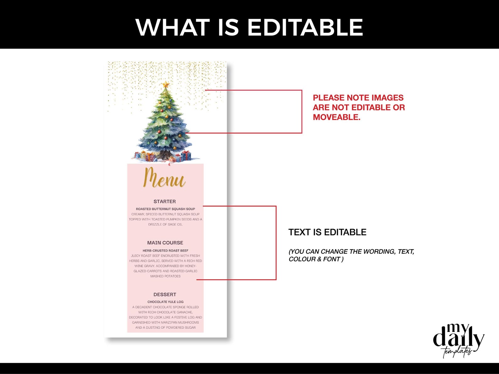 Editable Christmas Dinner Menu, Festive Holiday Dinner Printable ...