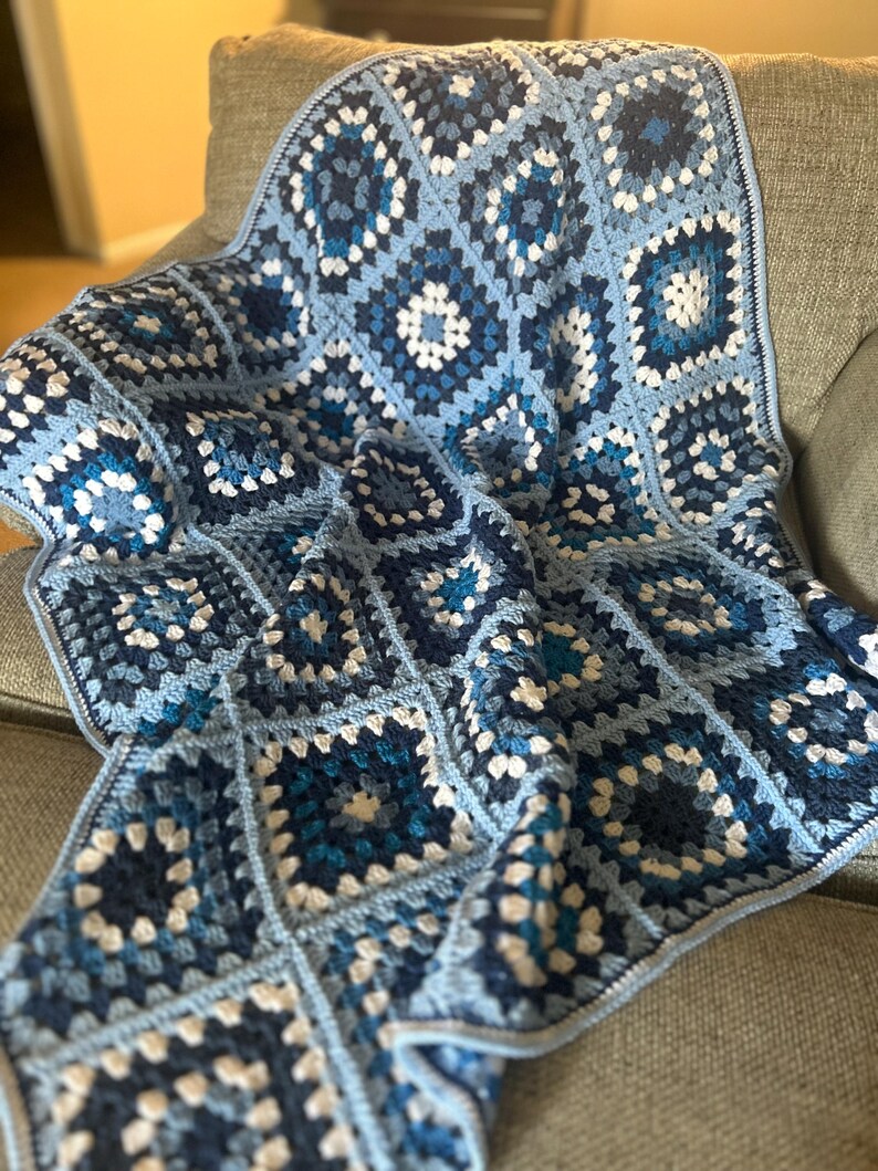 Blue Granny Square Crocheted Blanket - Etsy