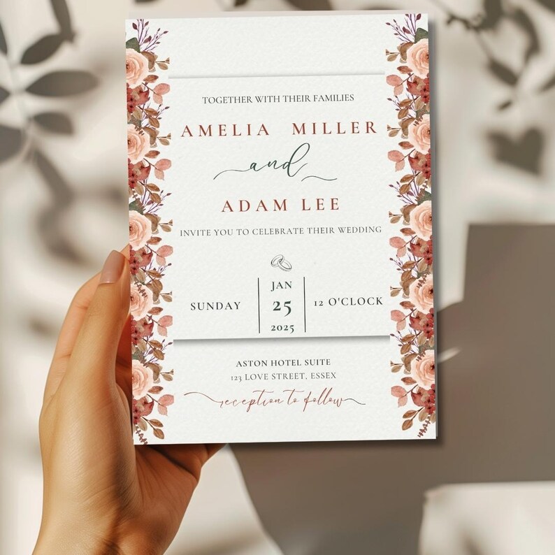 Rustic Peach Florals Wedding Invitation, Editable Invite, Rustic ...