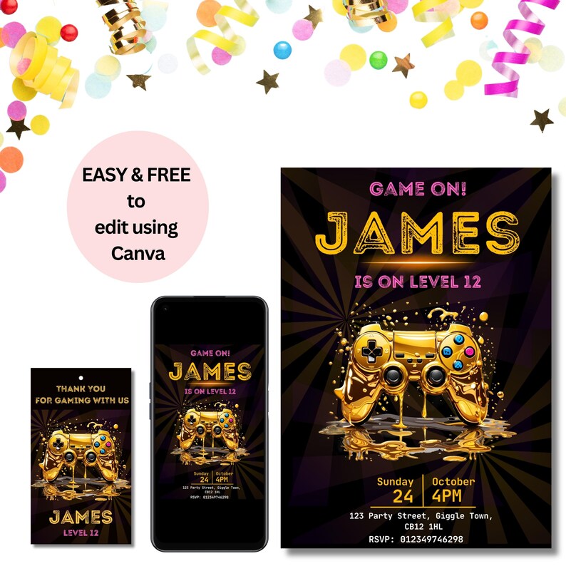 Video Gaming Birthday Party Invitation Template Game on Party Level up ...