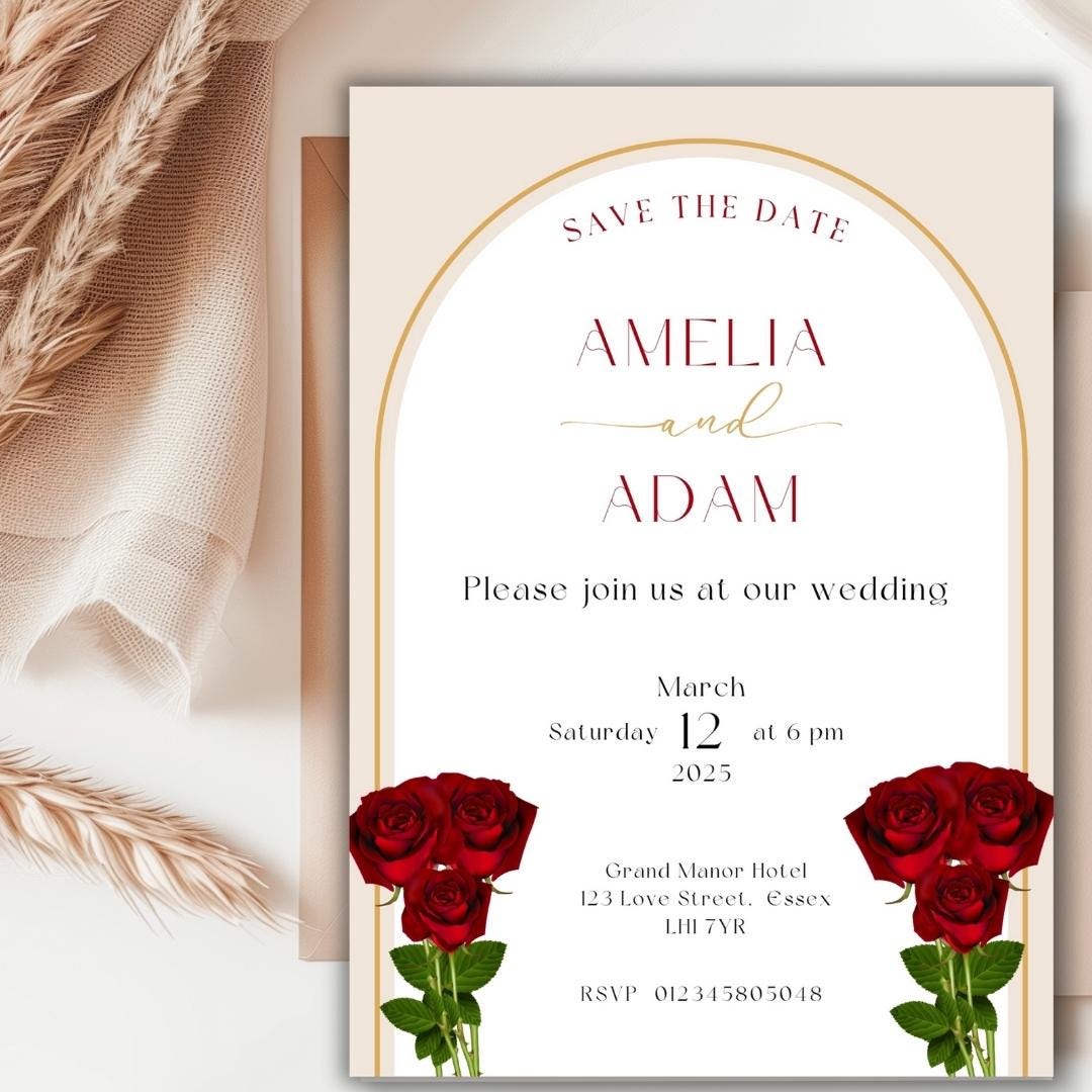 Editable Vintage Rose Wedding Invitation, Red Roses, Simple Wedding ...