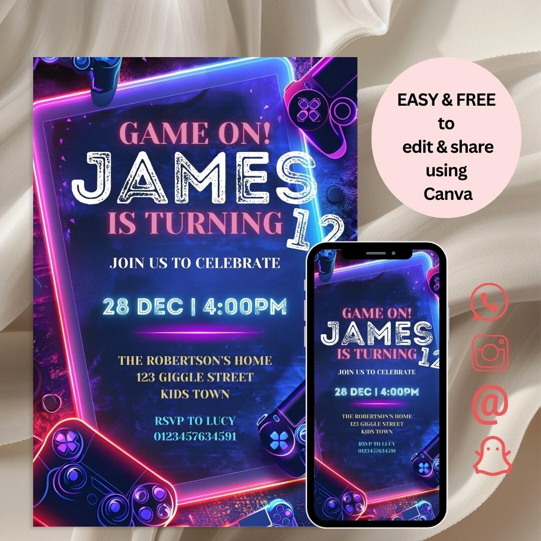 Gaming Birthday Invite Level up Boy Gamer Girl Gamer Birthday Invite ...