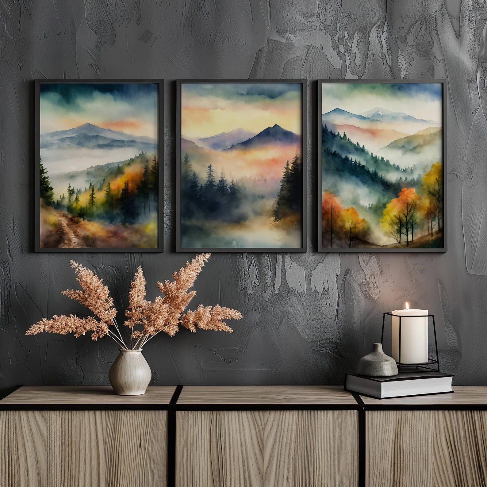 Set of 3 Watercolor Landscape Prints Misty Mountain Art for Home Decor ...
