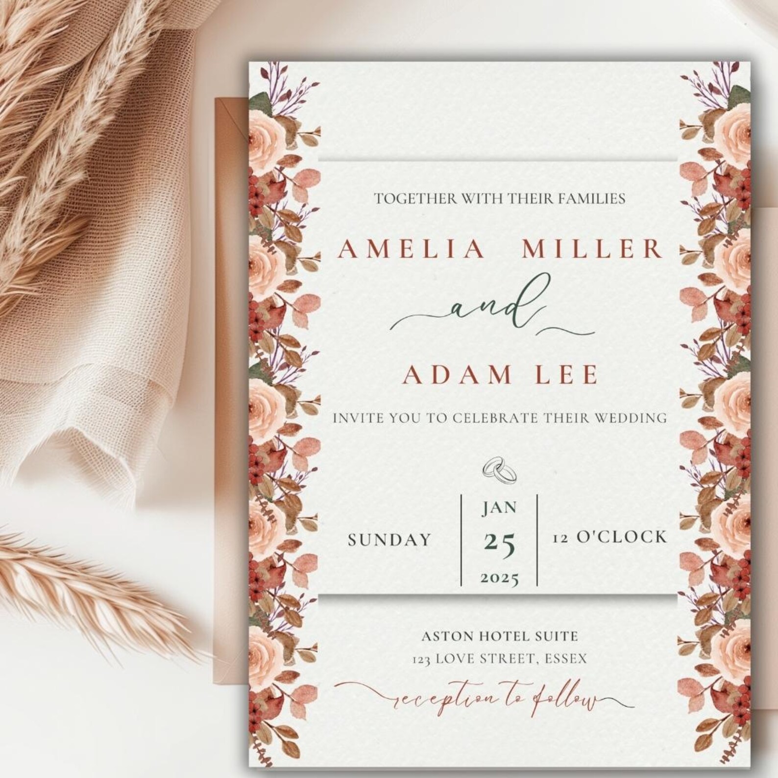 Rustic Peach Florals Wedding Invitation, Editable Invite, Rustic ...