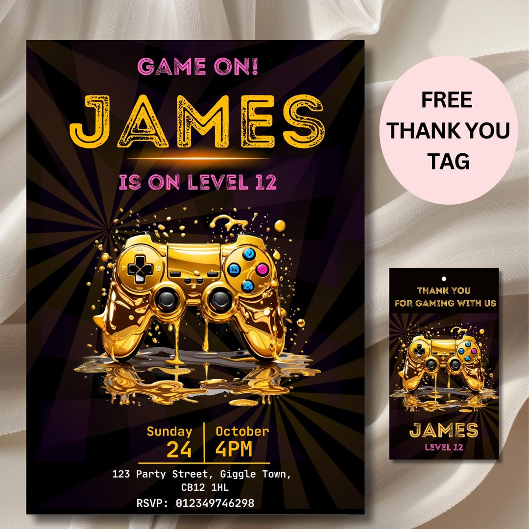 Video Gaming Birthday Party Invitation Template Game on Party Level up ...