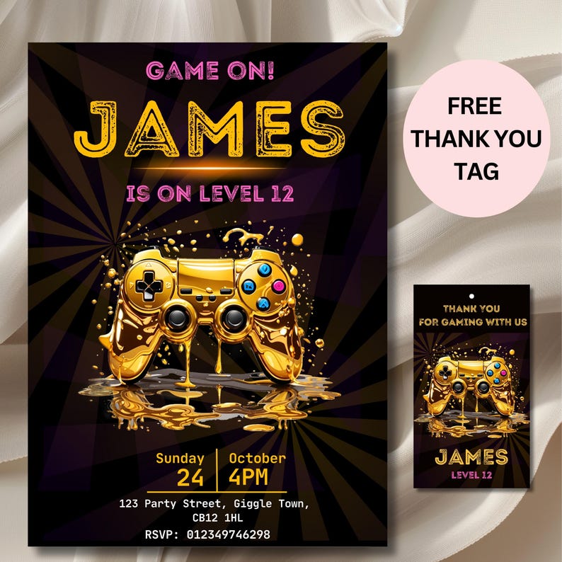 Video Gaming Birthday Party Invitation Template Game on Party Level up ...