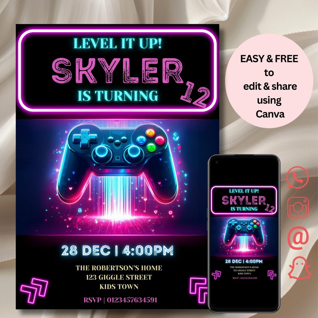 Editable Video Game Birthday Party Invitation, Level up Birthday ...