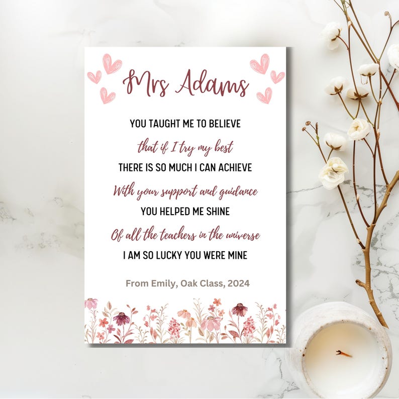 Custom Teacher Thank You Leaving Gift Personalised Teacher Poem Teacher ...