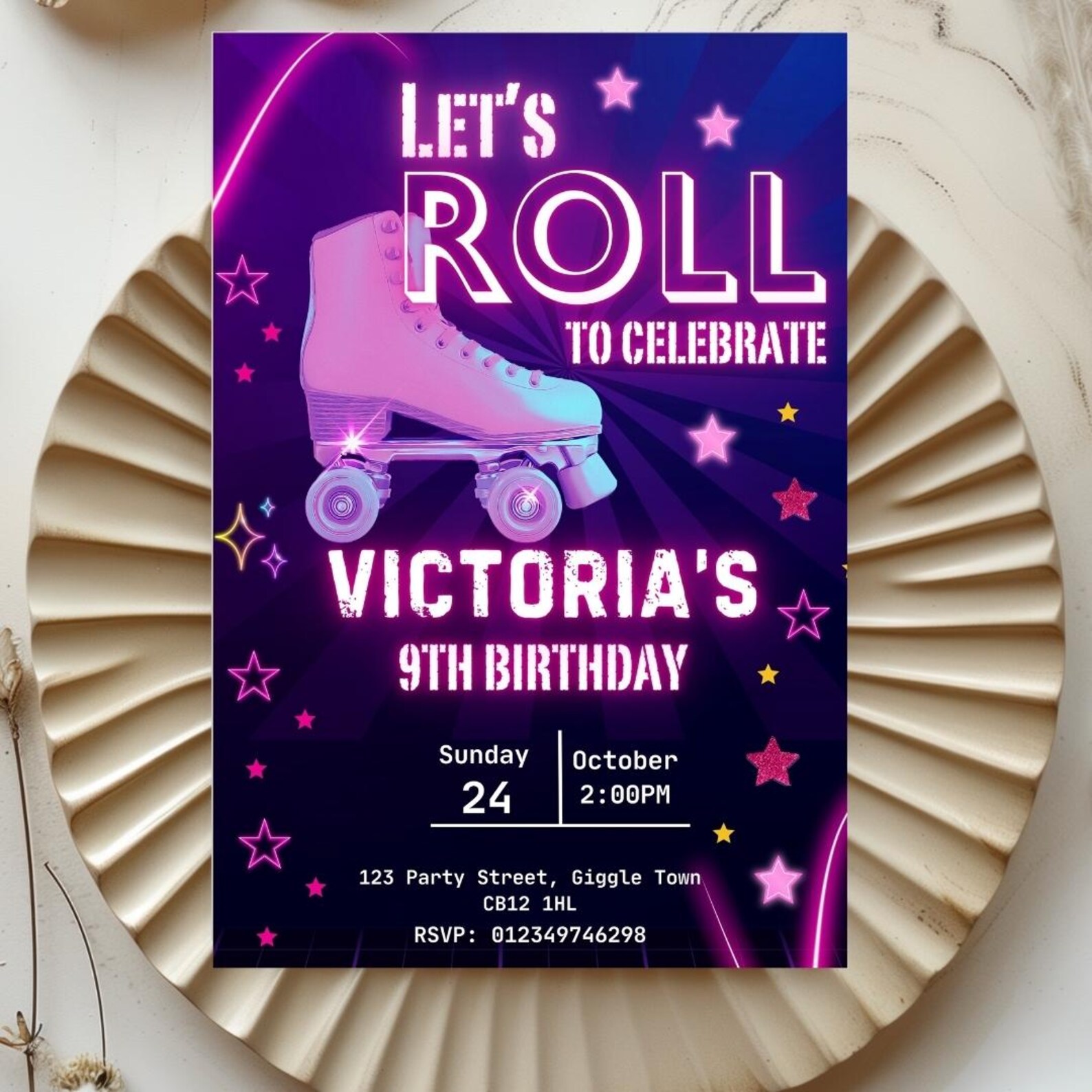 Editable Roller Skating Invitation, Glow Party Birthday Invitation ...