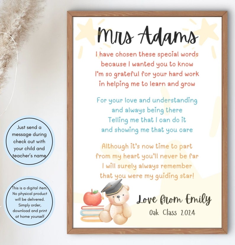 Printable Teachers Personalised Leaving Thank You Gift Teacher Poem ...