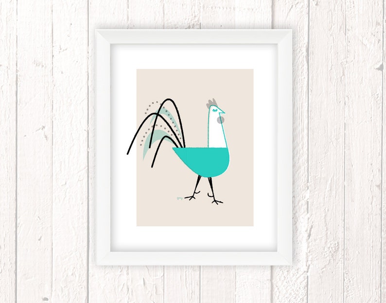 Teal Kitchen Print, Retro Rooster Art, Vintage Chicken Poster, Kids ...