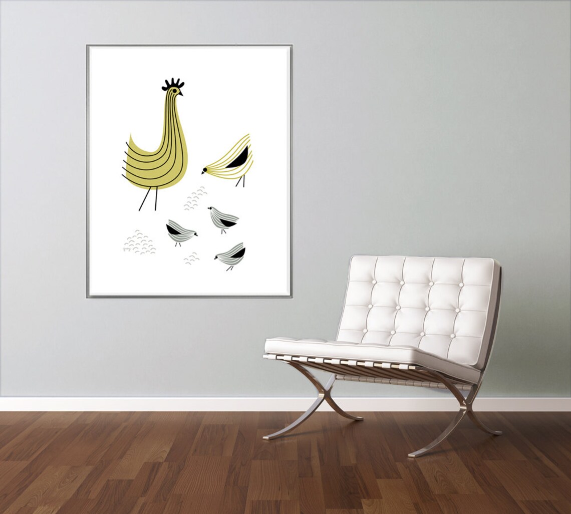 Danish Modern Chicken Art Print, Scandinavian Wall Art, Vintage Retro ...
