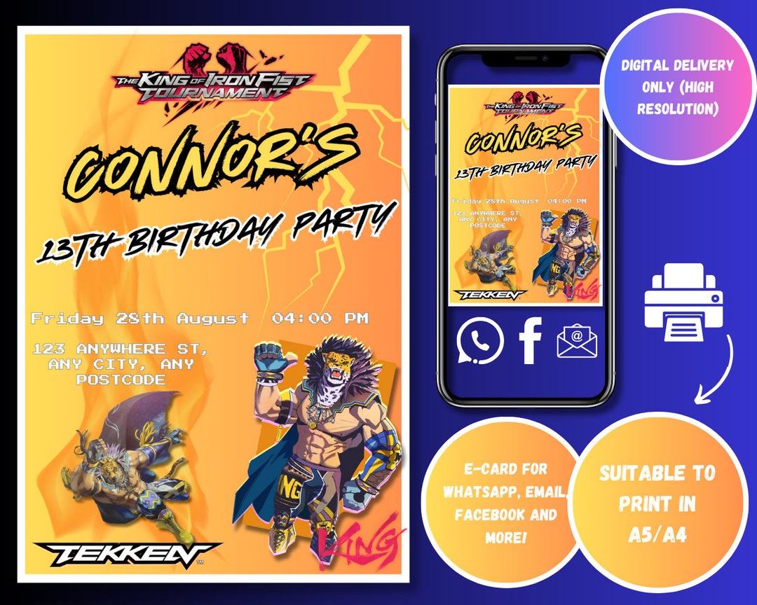 Tekken King Birthday Party Fighting Game Invitation Ecard, Personalised ...