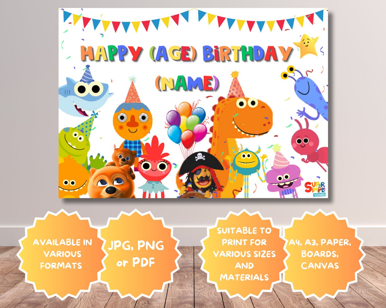 Super Simple Songs Birthday Banner Sign Poster, Personalised Digital ...