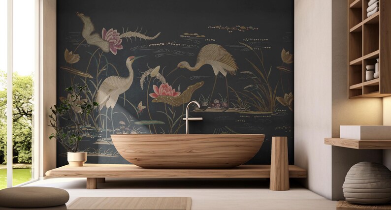 Crane and Lotus Wallpaper: Vintage Asian Botanical Wall Mural - Etsy