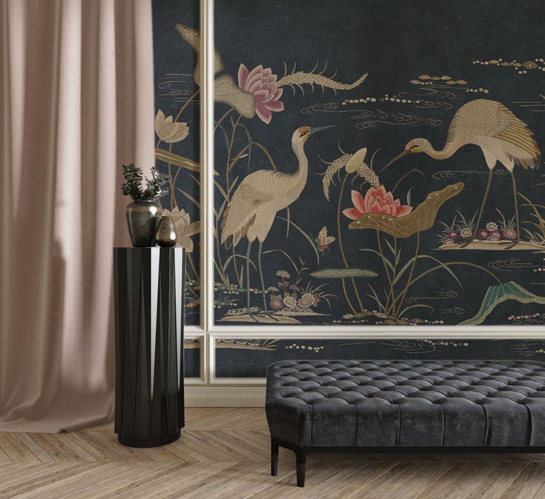 Crane and Lotus Wallpaper: Vintage Asian Botanical Wall Mural - Etsy