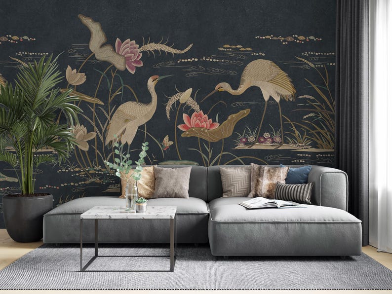 Crane and Lotus Wallpaper: Vintage Asian Botanical Wall Mural - Etsy