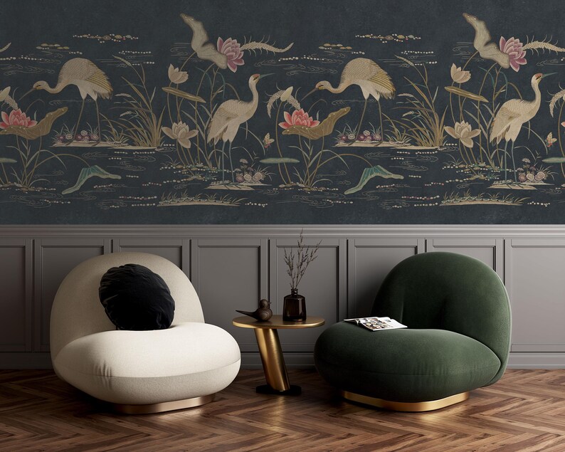 Crane and Lotus Wallpaper: Vintage Asian Botanical Wall Mural - Etsy