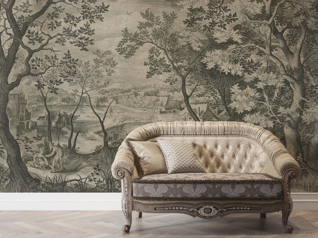 Vintage Landscape Engraving Wallpaper: Antique Black & White Mural - Etsy