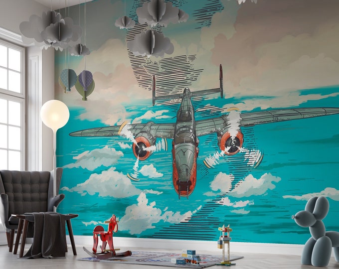 Vintage Airplane Wall Mural / Retro Style / Aircraft Wallpaper/ Cockpit ...