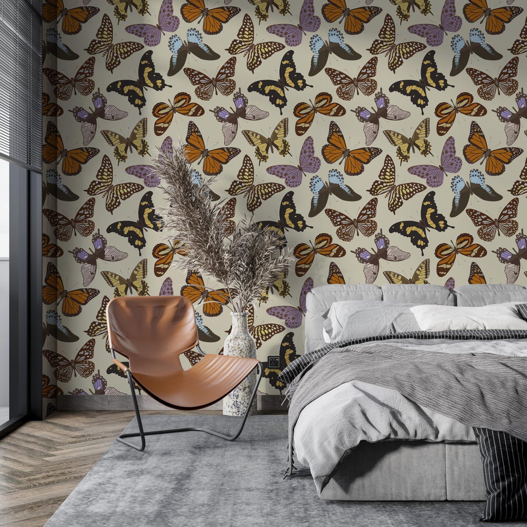 Beige Butterfly Kaleidoscope Wallpaper: Traditional or Peel and Stick ...