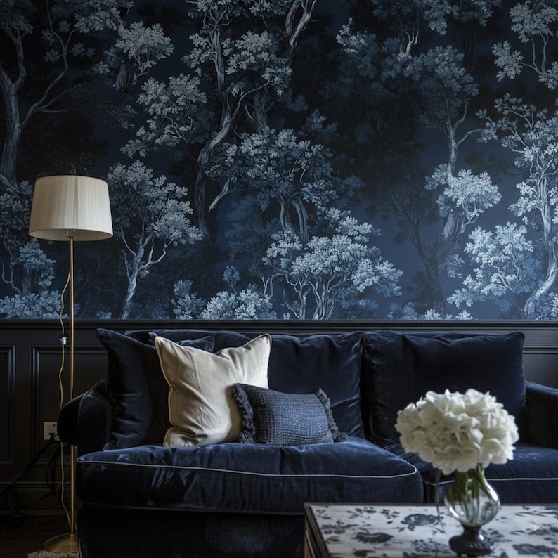 Dark Blue Forest Wallpaper - Midnight Vintage Toile Tree Pattern Peel ...
