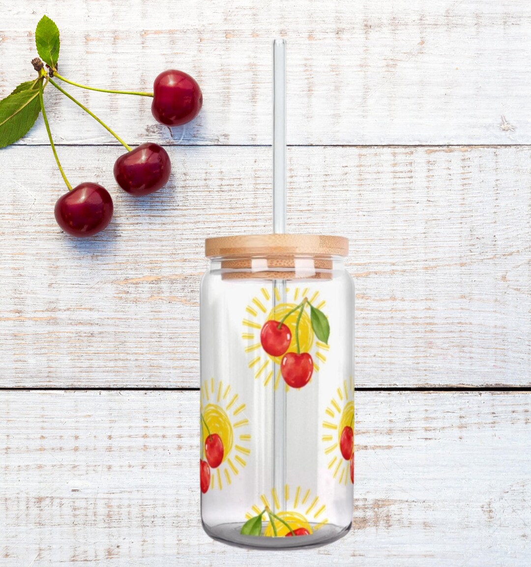 Cherry Sunshine Soda Can Glass With Bamboo Lid: Coffee Lover Gift - Etsy