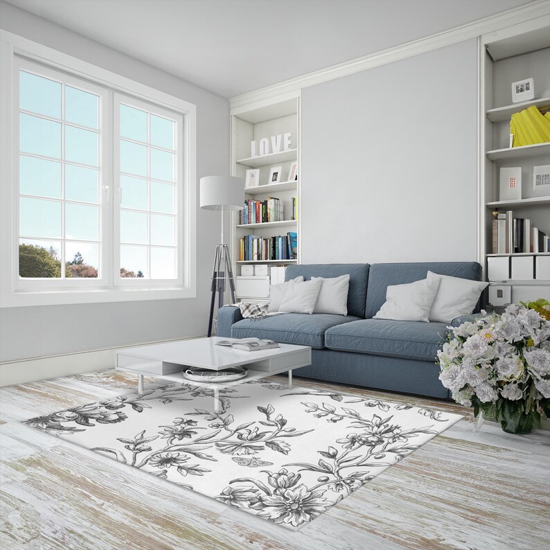 Black Floral Area Rugs Cottagecore Rug Kitchen Decor Living Room Rug ...